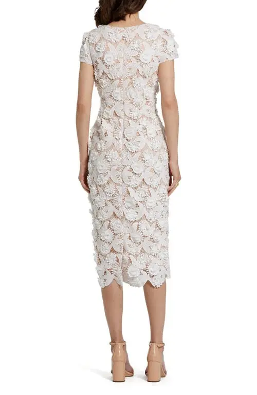 Mac Duggal Lace 3d Flower Fitted Midi Dress - Ivory Nude | Editorialist