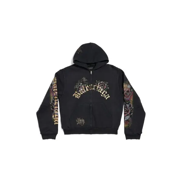Balenciaga Tacky Tattoo Zip-Up Hoodie - Black | Editorialist