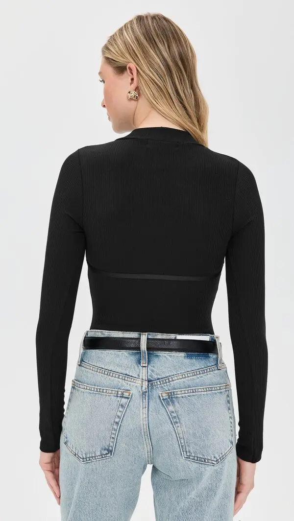 FLEUR DU MAL Hourglass Rib Mock Neck Thong Bodysuit - Black