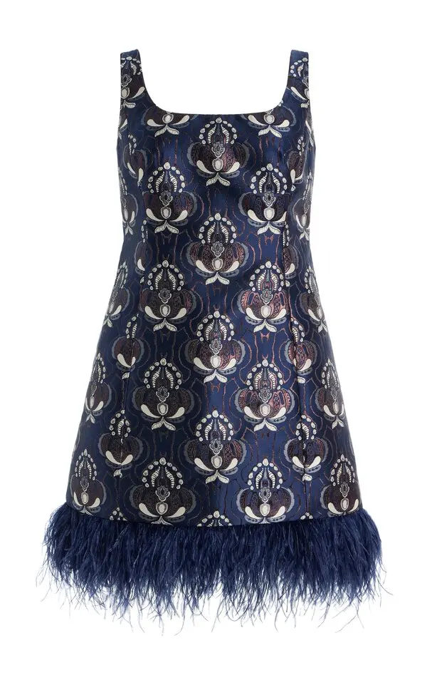 Cara Cara Carlie Feather-trimmed Jacquard Mini Dress - Navy