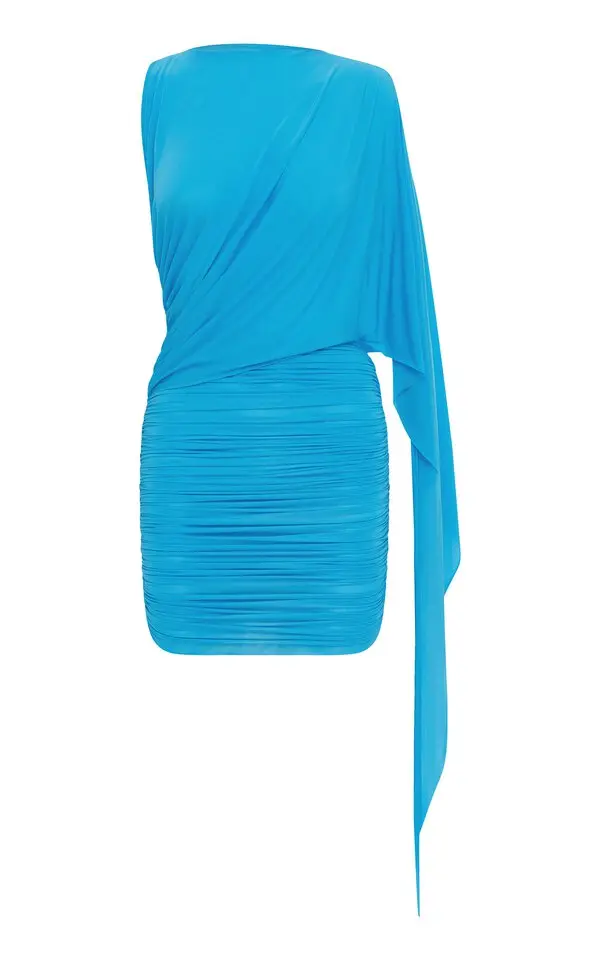 Alex Perry One-shoulder Jersey Mini Dress With Cape Effect - Turquoise