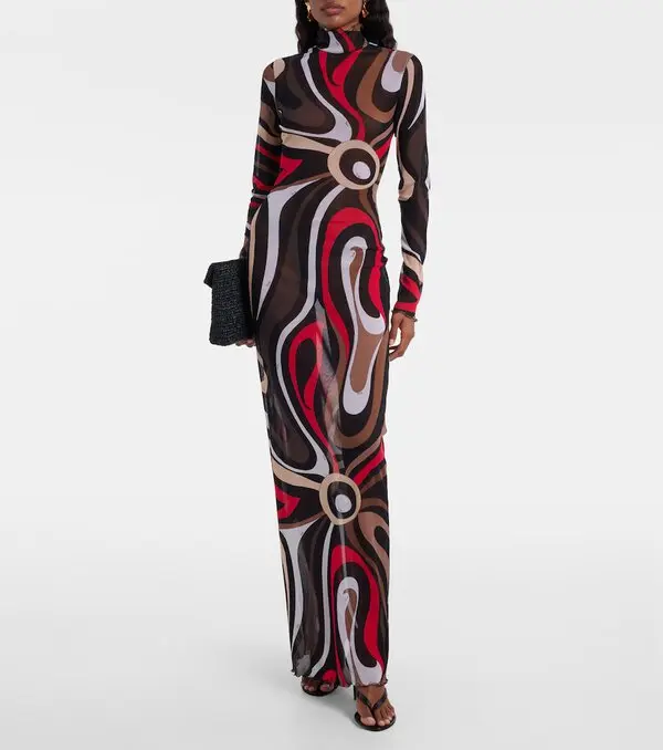 Emilio Pucci Printed Tulle-trimmed Jersey Maxi Dress