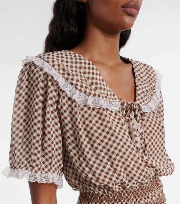 Rixo Britt Gingham Shirred Crêpe Top