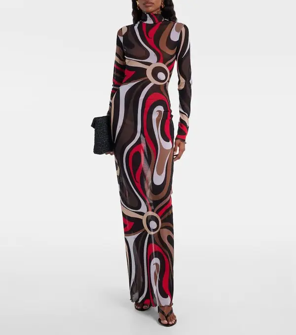 Emilio Pucci Printed Tulle-trimmed Jersey Maxi Dress