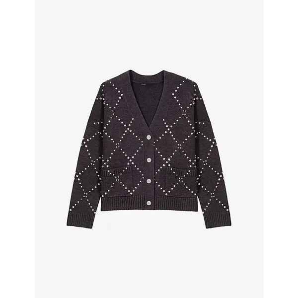 Maje Checked Rhinestone-embellished Wool-blend Cardigan