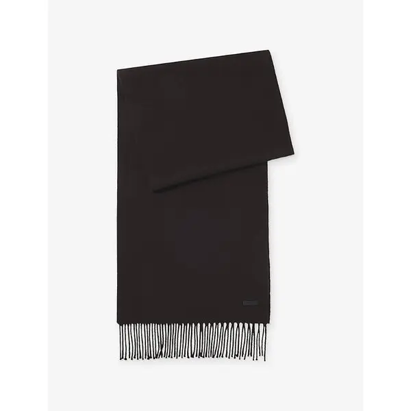 BOSS Branded Fringed-edge Wool Scarf - Dark Brown