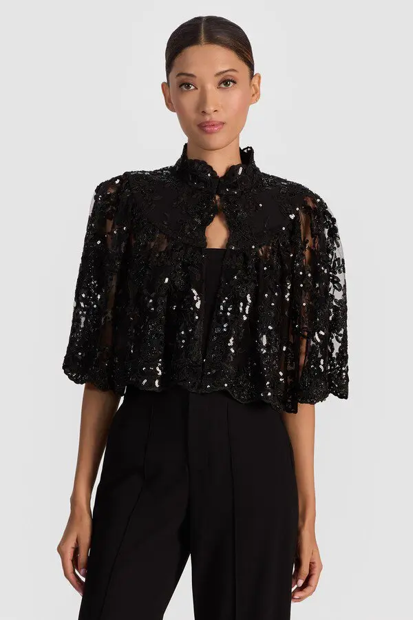 Alice + Olivia Aurelia Embellished Lace Capelet - Black