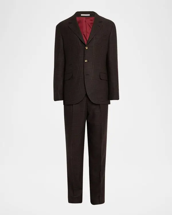 Brunello Cucinelli Wool, Cashmere And Silk Prince Of Wales Suit - Dark Brown