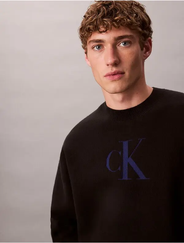 Calvin Klein Cotton Blend Monogram Relaxed Sweater - Black