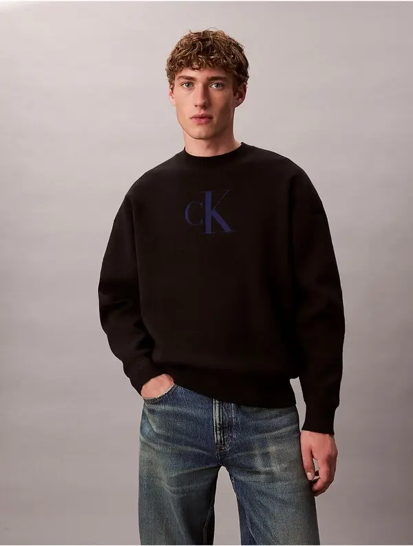 Calvin Klein Cotton Blend Monogram Relaxed Sweater - Black