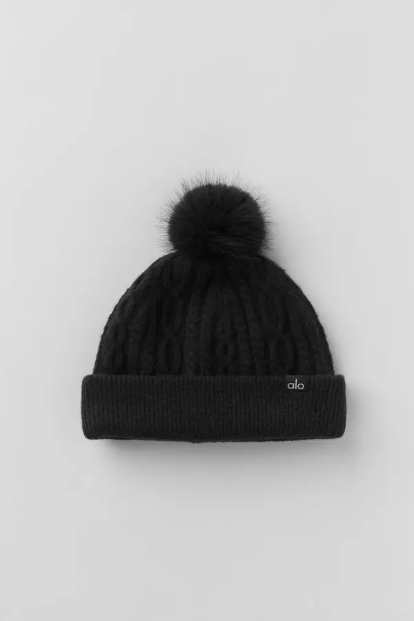 Alo Yoga Cable Knit Beanie With Faux Fur Pom - Black