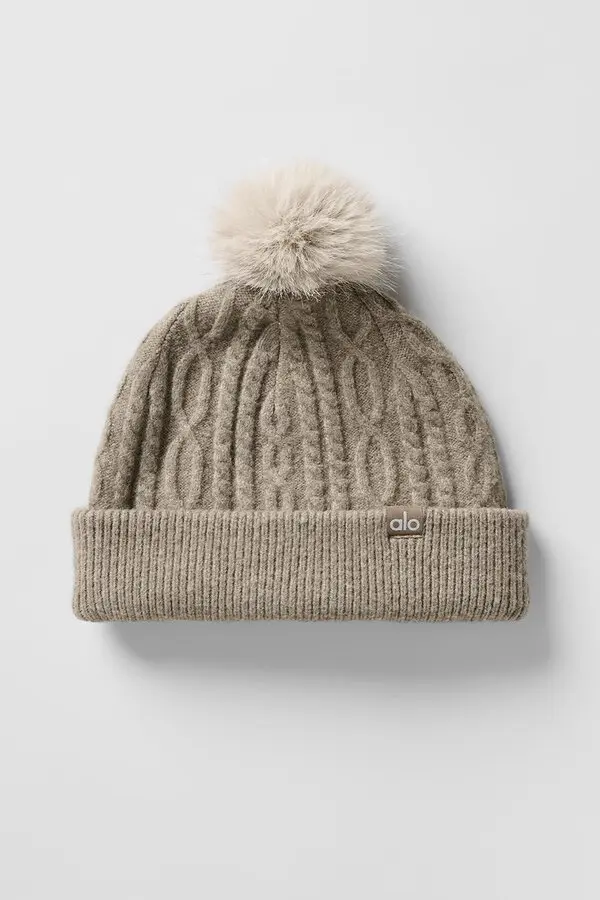 Alo Yoga Cable Knit Beanie With Faux Fur Pom - Light Cocoa