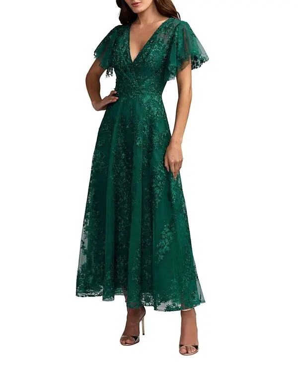 Mac Duggal Flutter Sleeve Embellished A-line Tea-length Dress - Emerald