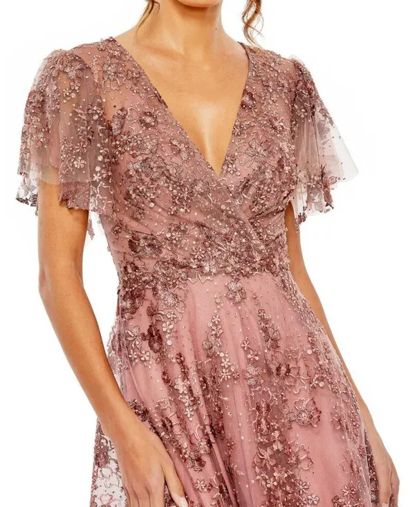 Mac Duggal Flutter Sleeve Faux Wrap V-neck Embellished A-line Tea-length  Dress - Mauve | Editorialist