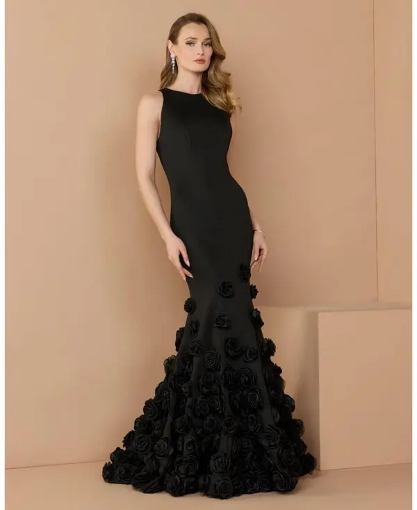 Mac Duggal Crepe Mermaid Gown With 3d Floral Hem