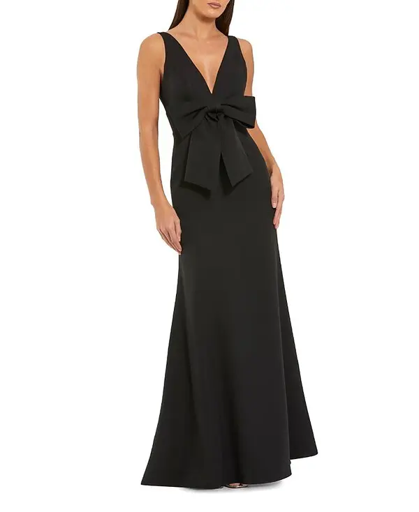 Mac Duggal Crepe Sleeveless V-neck Column Gown With Bow - Black
