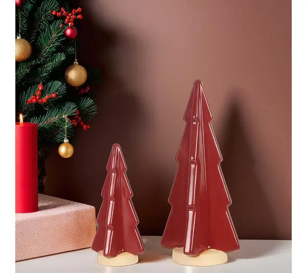 YOUNG'S INC. Young's Red Stoneware Christmas Tree Tabletop, Set Of 2 - One-color