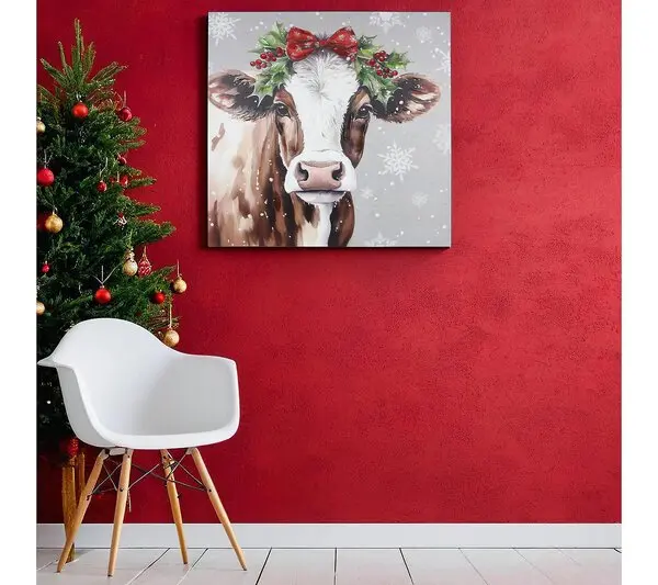YOUNG'S INC. Young's Wood Box Country Cow Christmas Canvas W All Art - One-color
