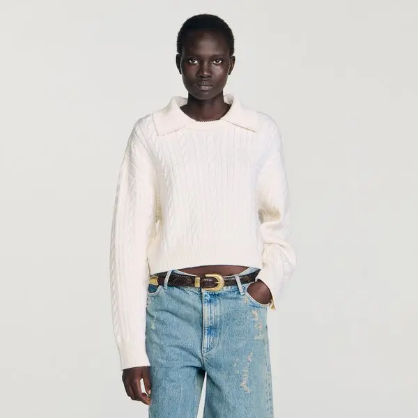 Sandro Cable-knit Sweater With Sailor Collar - Ecru