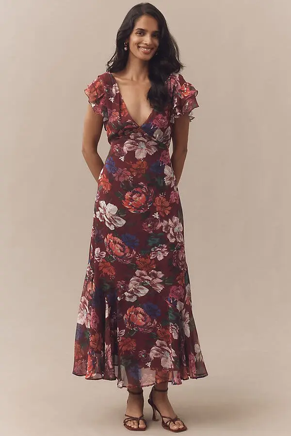 Bhldn Flutter-sleeve Plunging Maxi Dress