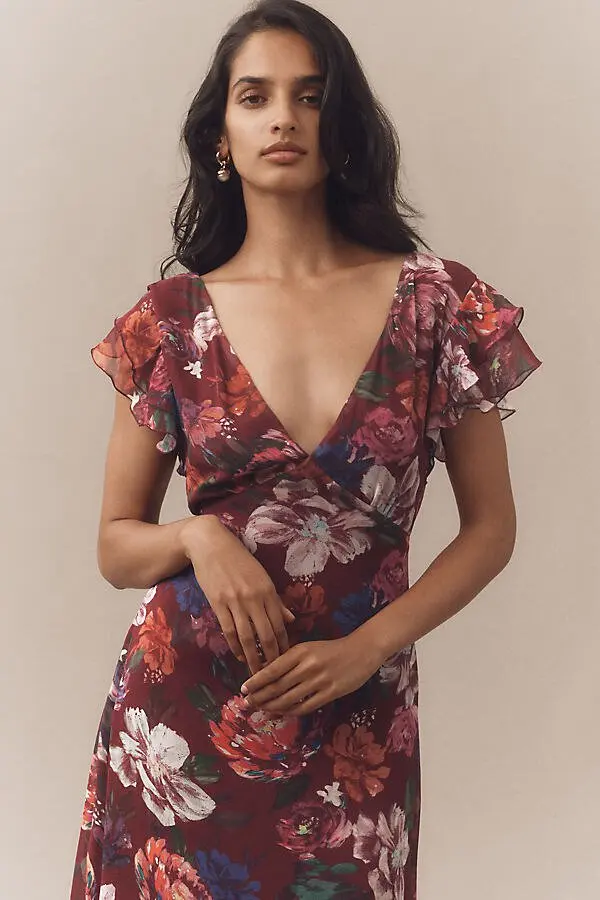 Bhldn Flutter-sleeve Plunging Maxi Dress