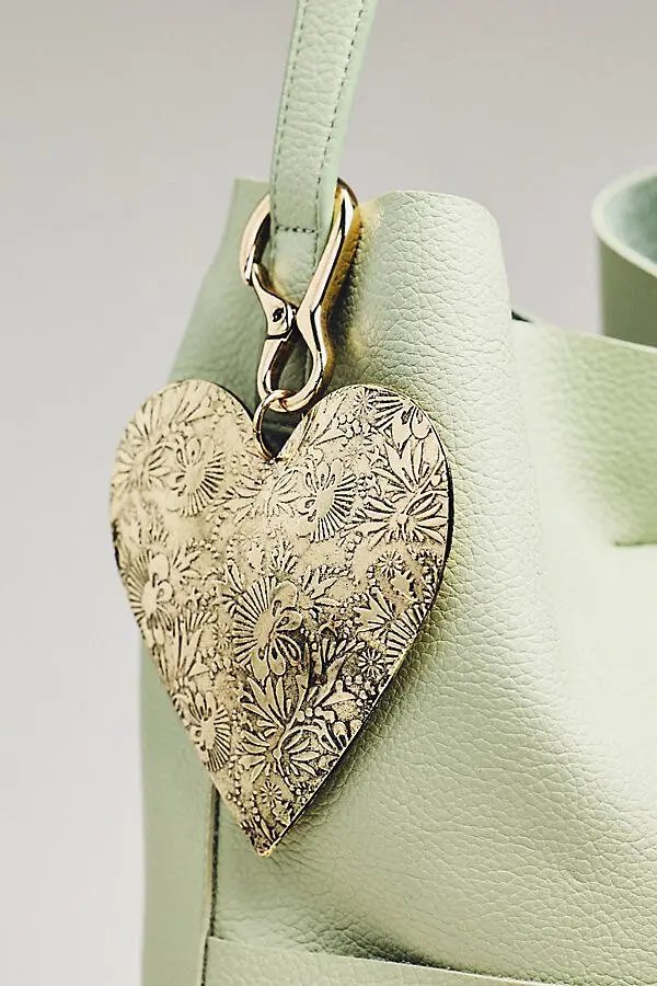 Anthropologie Large Embossed Metal Heart Bag Charm - Gold Heart