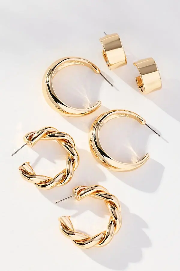 Anthropologie Shaped Hoop Earring Set Of 3 - Gold