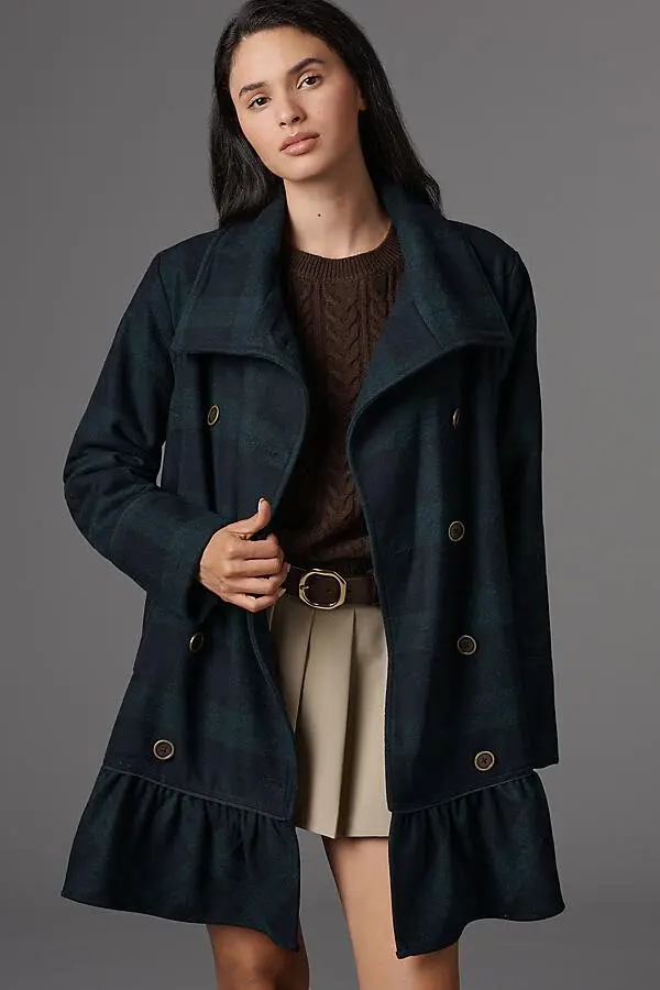 Anthropologie Flounce Hem Wool Blend Pea Coat