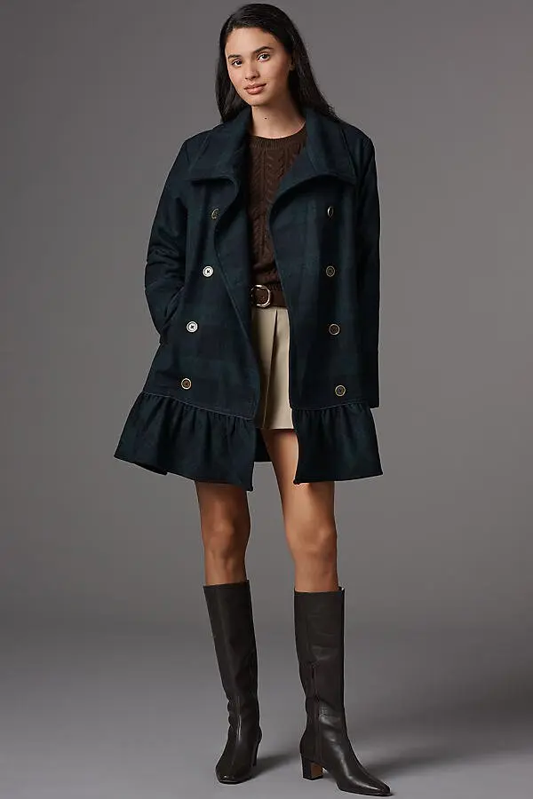 Anthropologie Flounce Hem Wool Blend Pea Coat