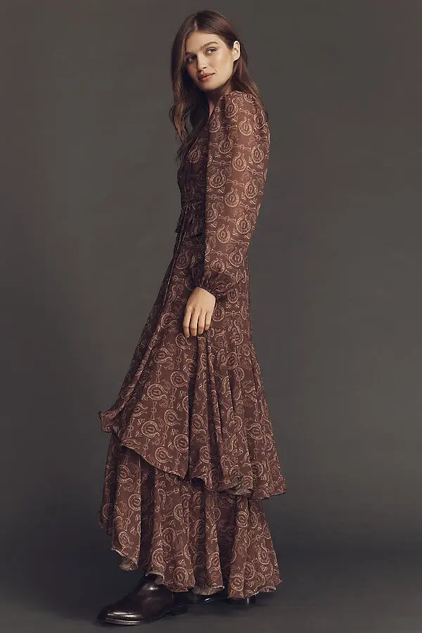 HUTCH Long-sleeve Ruffled Wrap Maxi Dress