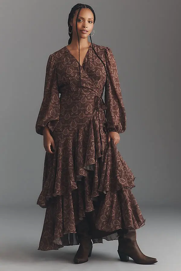 HUTCH Long-sleeve Ruffled Wrap Maxi Dress