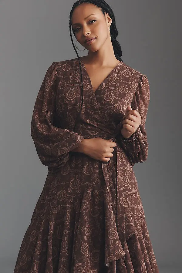 HUTCH Long-sleeve Ruffled Wrap Maxi Dress