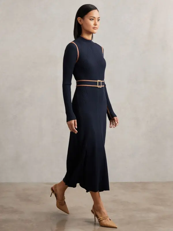 Reiss Rib-Knit Color-Block Midi Dress - Navy/Camel | Editorialist