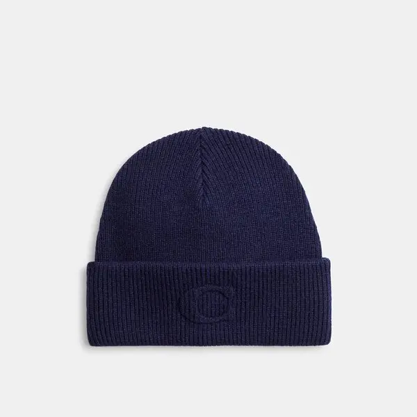 Coach Wool Dark Blue Ribbed Beanie COACH® PL | Knit Beanie With Rubber Patch main image 3