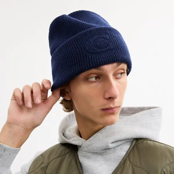 Coach Dark Navy Ribbed Knit Beanie with Logo Patch COACH Beanie Mens One Size Hat Blue Rib Knit Wool Logo Patch  main image 2