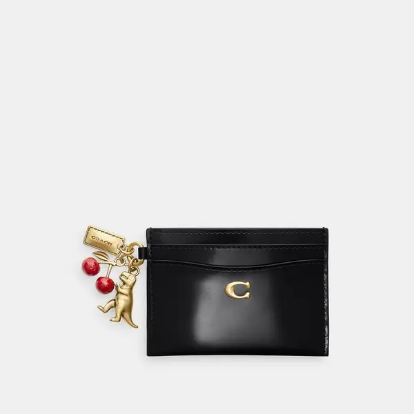 COACH® Essential Card Case In Spazzolato Leather With Charms - Brass/black