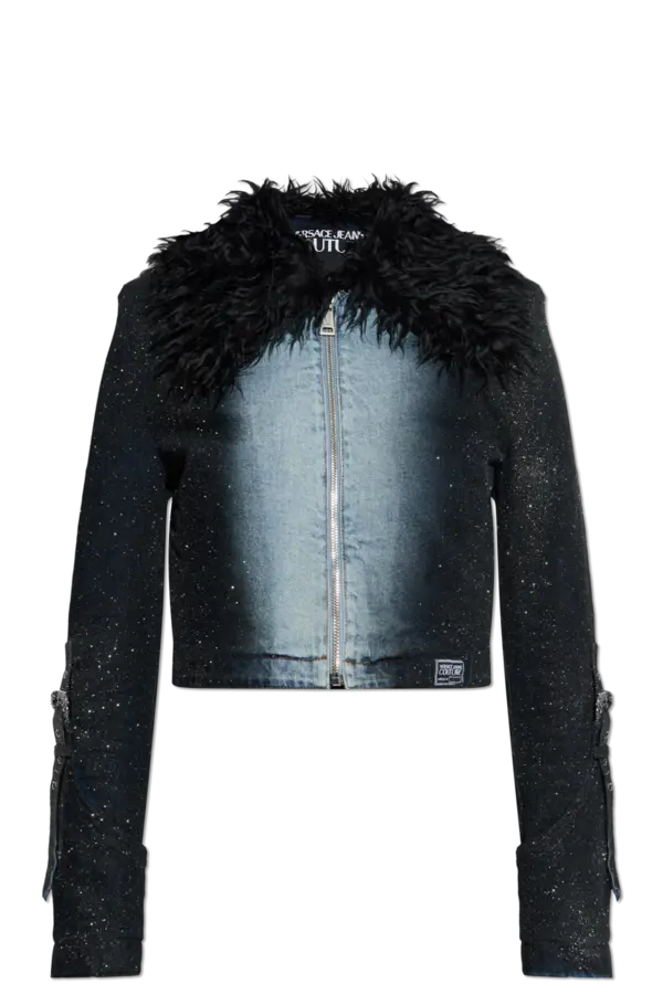 Versace Denim Jacket With Glitter And Fur Collar