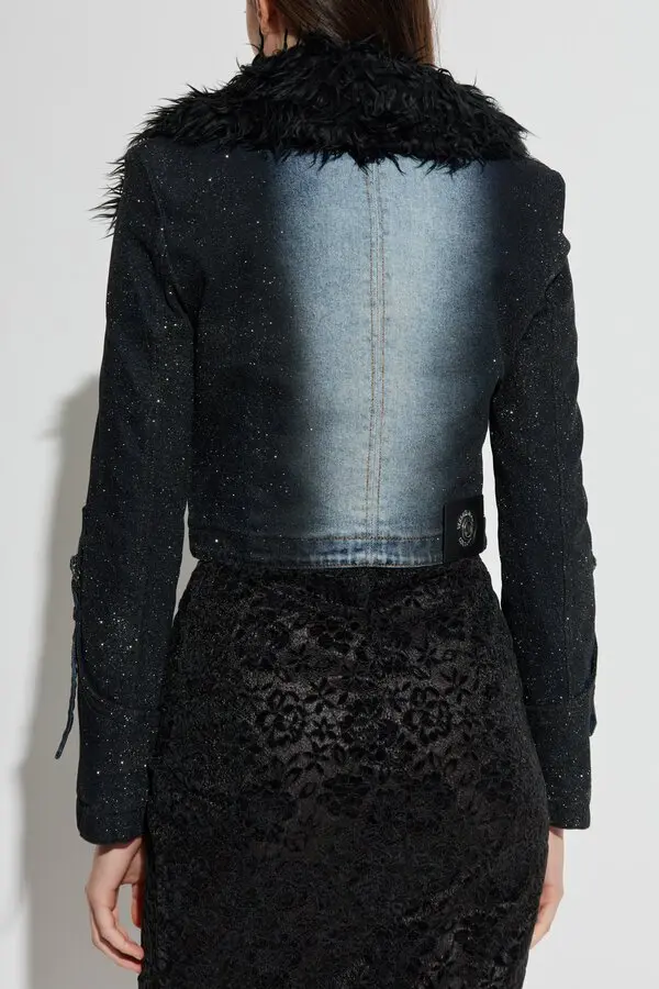 Versace Denim Jacket With Glitter And Fur Collar