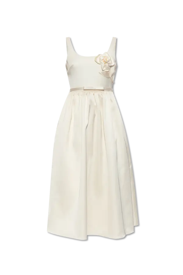 SELF-PORTRAIT Satin Midi Dress With Floral Detail - Cream
