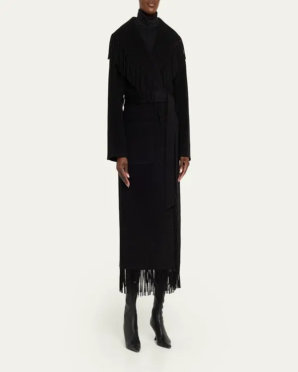 Simkhai Belted Fringe Robe Coat - Black