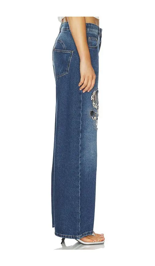 AREA Crystal Chain Cutout Relaxed Leg Jeans - Blue