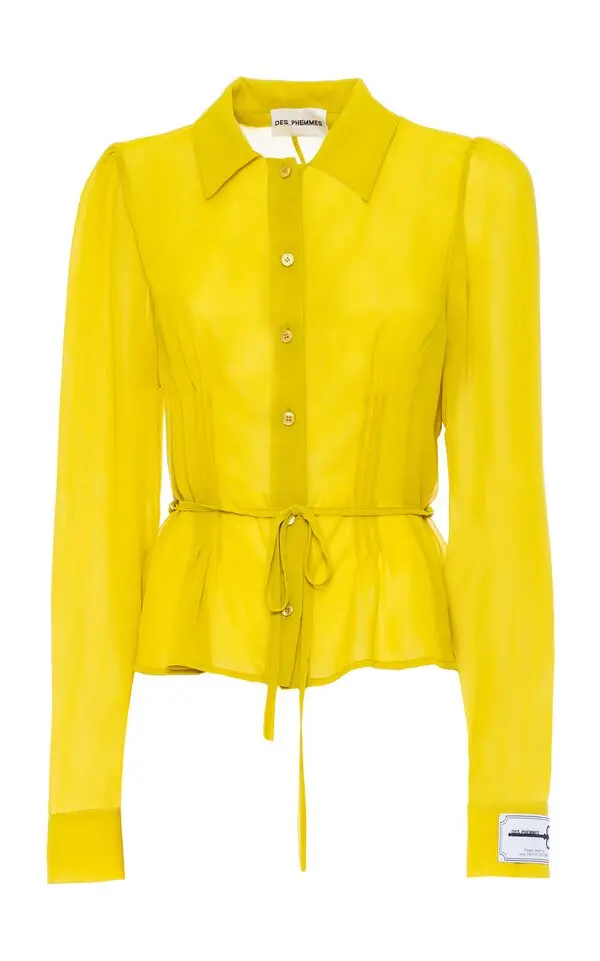 DES_PHEMMES Sheer Tie Button-down Top - Yellow