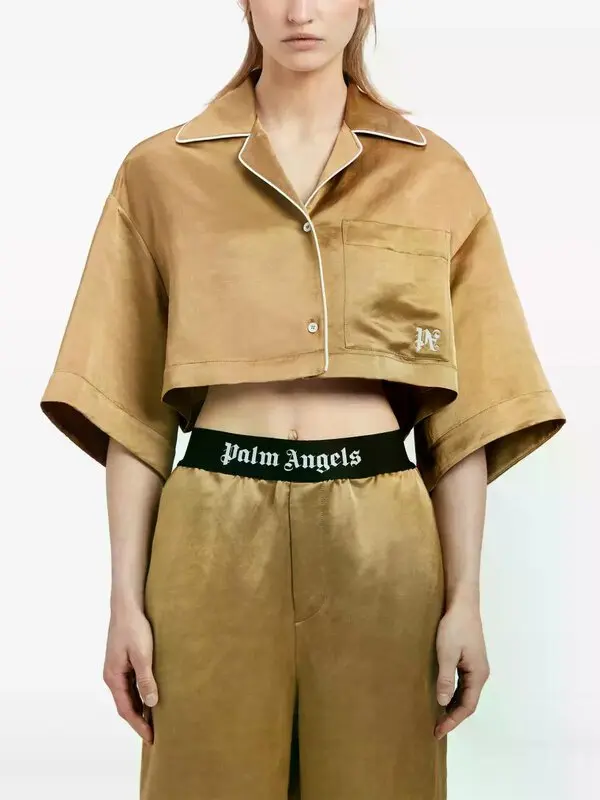 Palm Angels Monogram-embroidered Satin Cropped Shirt - Neutrals
