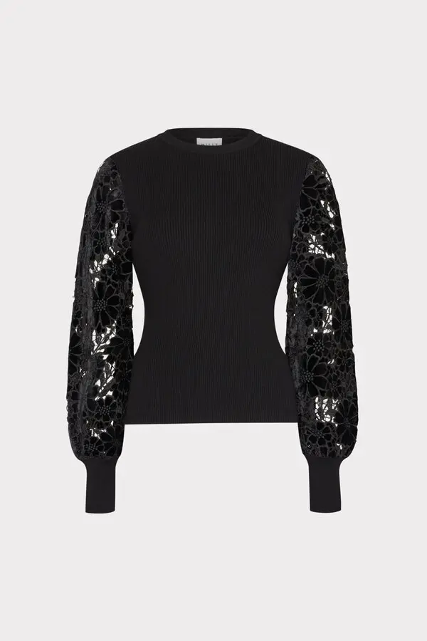 MILLY Velvet Lace Sleeve Sweater