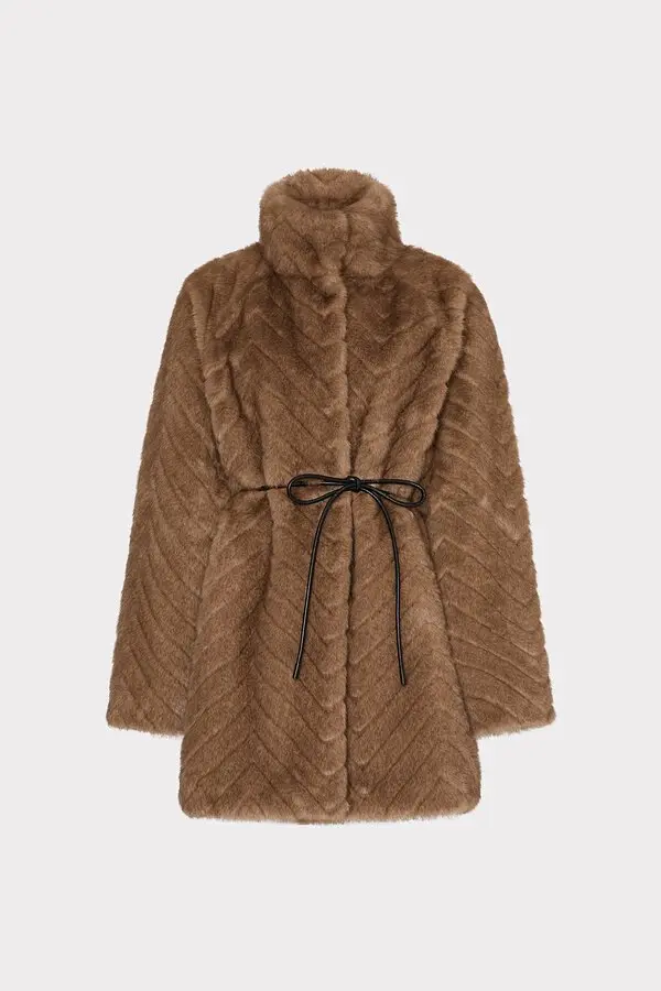 MILLY Dayna Chevron Faux Fur Coat - Brown