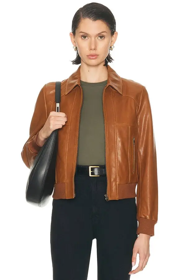 NILI LOTAN Sue Leather Bomber Jacket - Cognac