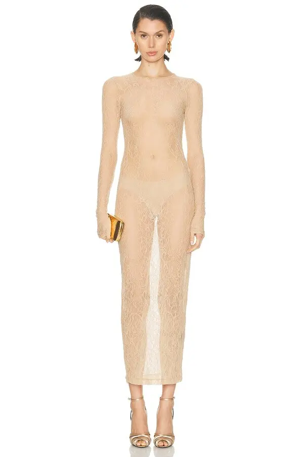 Wardrobe.NYC Lace Long Sleeve Maxi Dress - Khaki