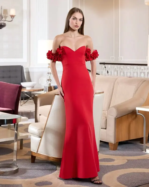 ieena for mac duggal red dress Red Satin Off The Shoulder Crossover Gown