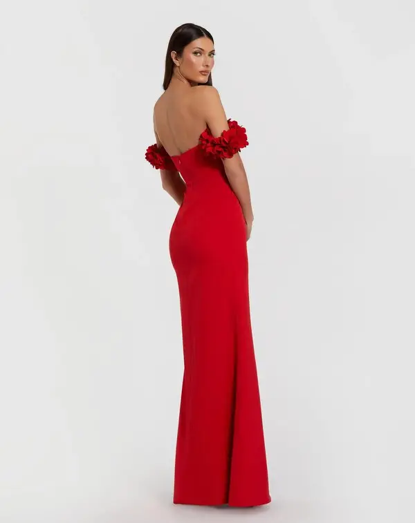 Ieena for Mac Duggal - Red Crepe Off The Shoulder Gown with 3D Flowers - US 10