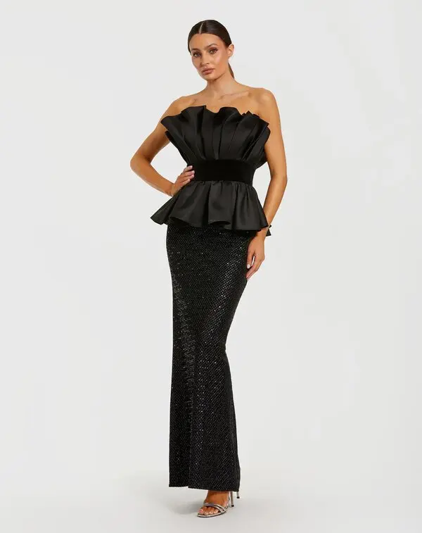 Mac Duggal Strapless Satin Peplum Sequin Column Gown